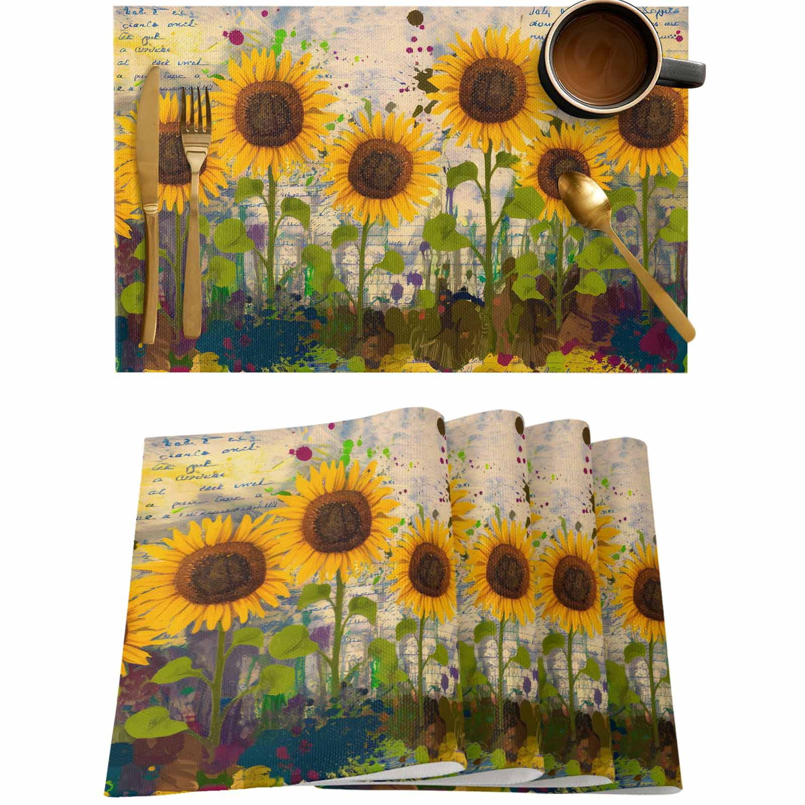 Farm Sunflower Green Leaves Watercolor Placemats Set of 4,Wipeable ...