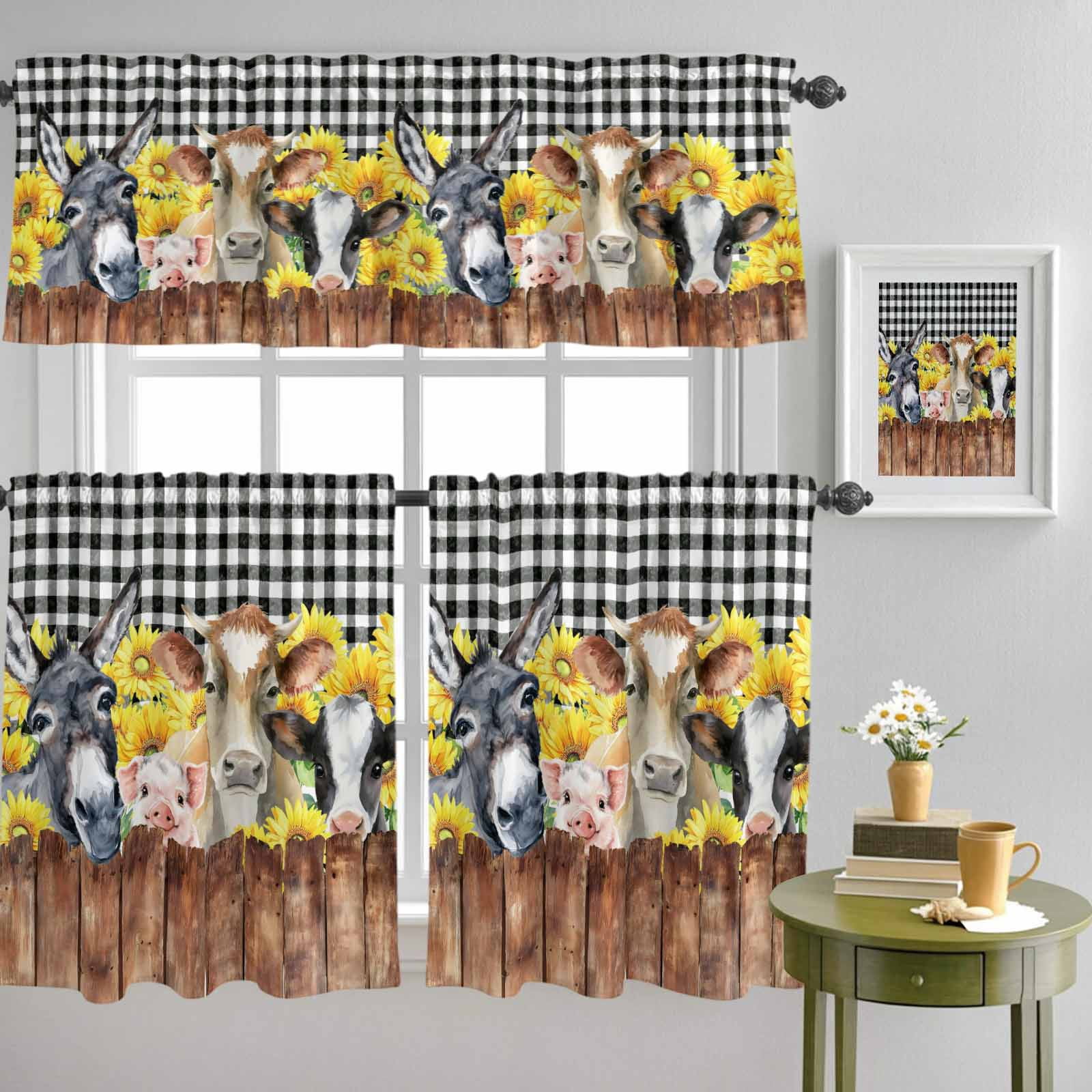 Farm Sunflower Pigs Cows Donkeys Curtain Tier and Valance Set 3 Piece ...
