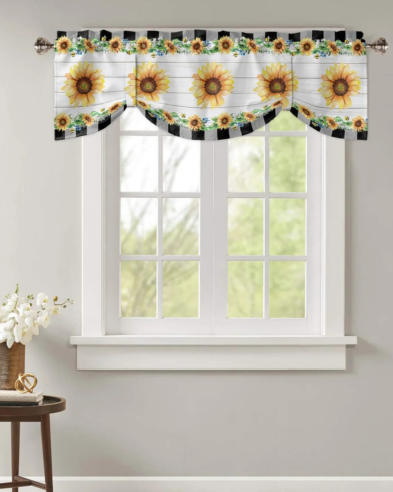Farm Sunflower Plaid Window Curtain Kitchen Cabinet Coffee Tie-Up Valance Curtain Rod Pocket ...