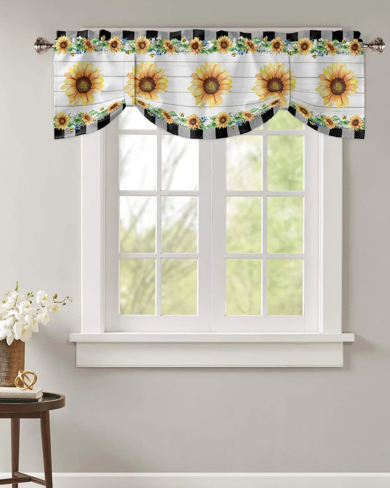 Farm Sunflower Plaid Window Curtain Kitchen Cabinet Coffee Tie-Up ...