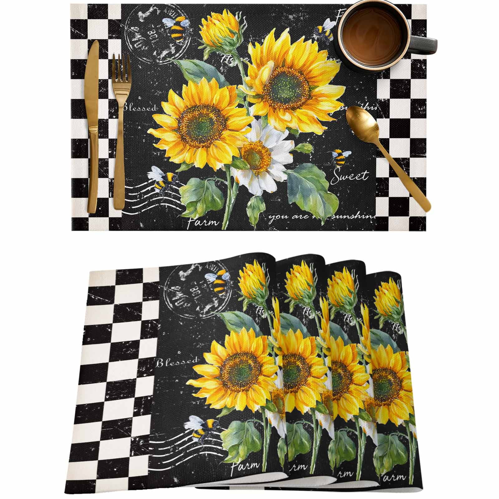Farm Sunflower Plant Bee Placemats Set of 4,Wipeable Washable Table ...