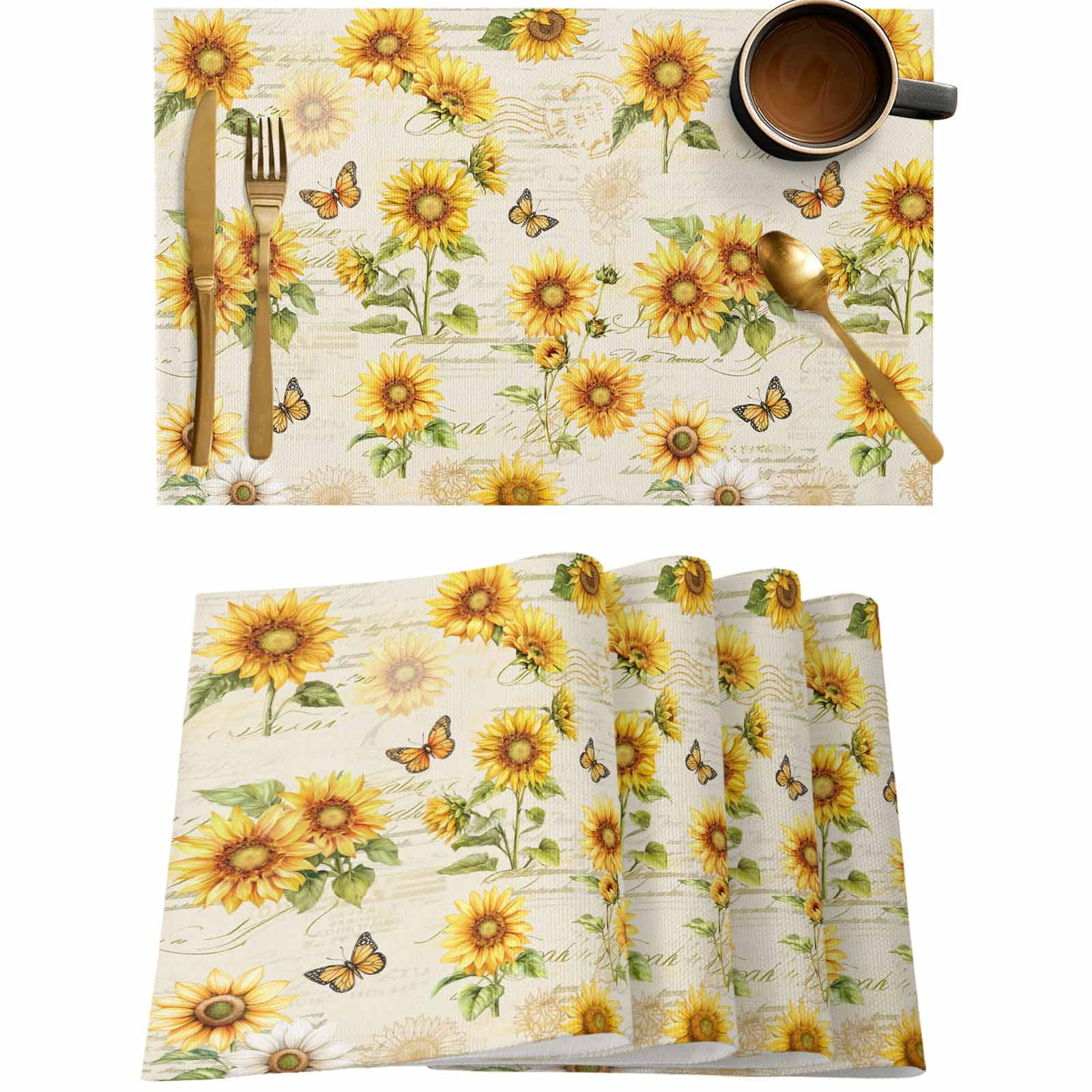 Farm Sunflower Plant Butterfly Placemats Set of 4,Wipeable Washable ...