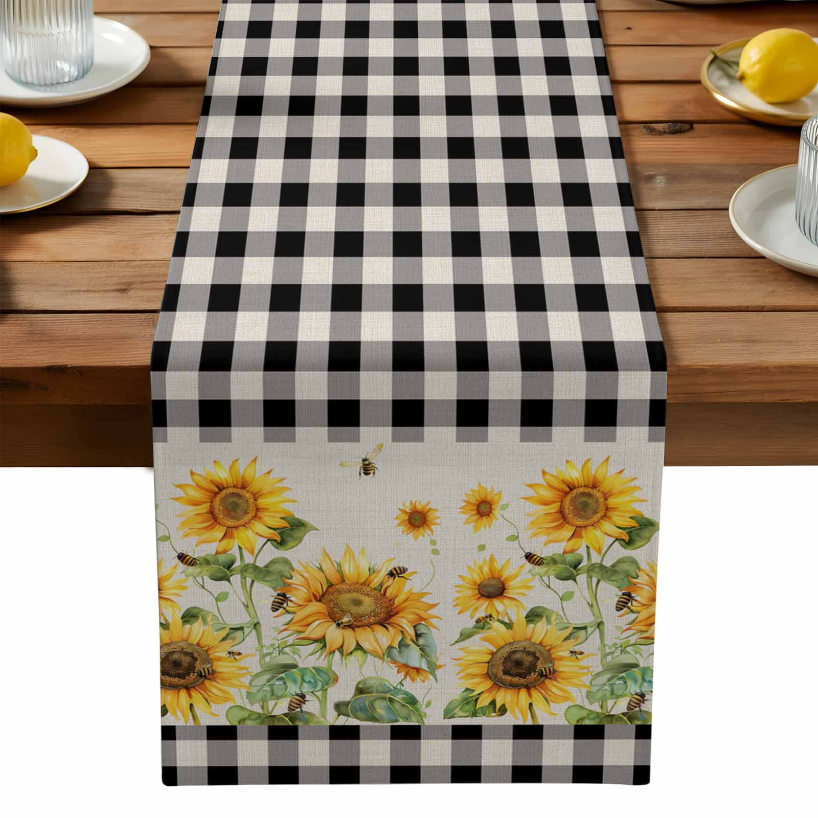 Farm Sunflower Plant Retro Black Check Table Runners 13x90 Inches Long ...