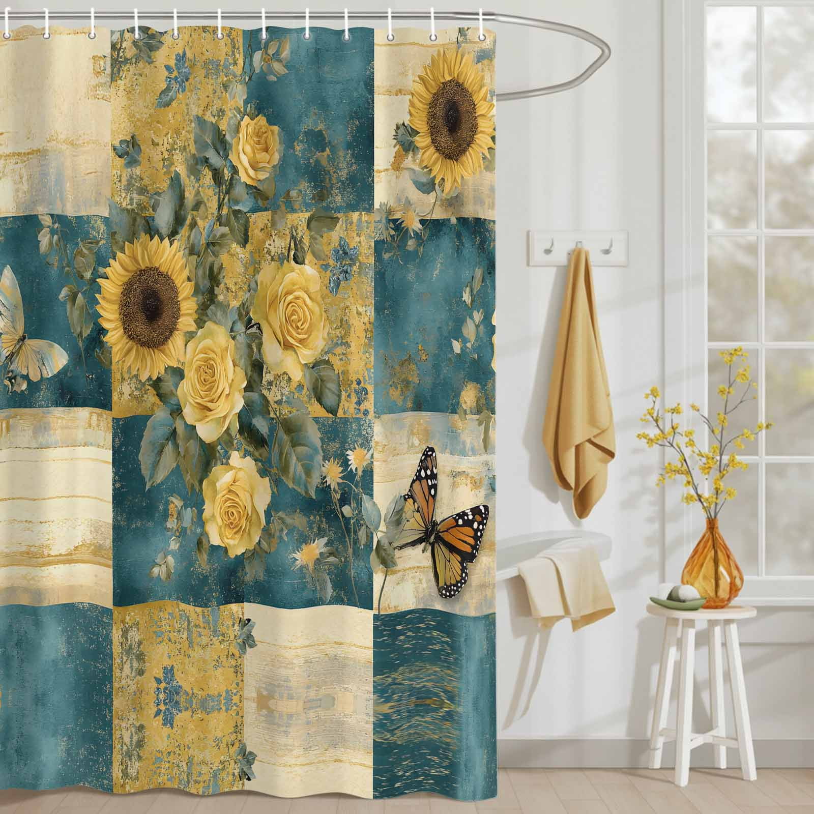 Farm Sunflower Rose Butterfly Shower Curtain Set, Waterproof Shower ...