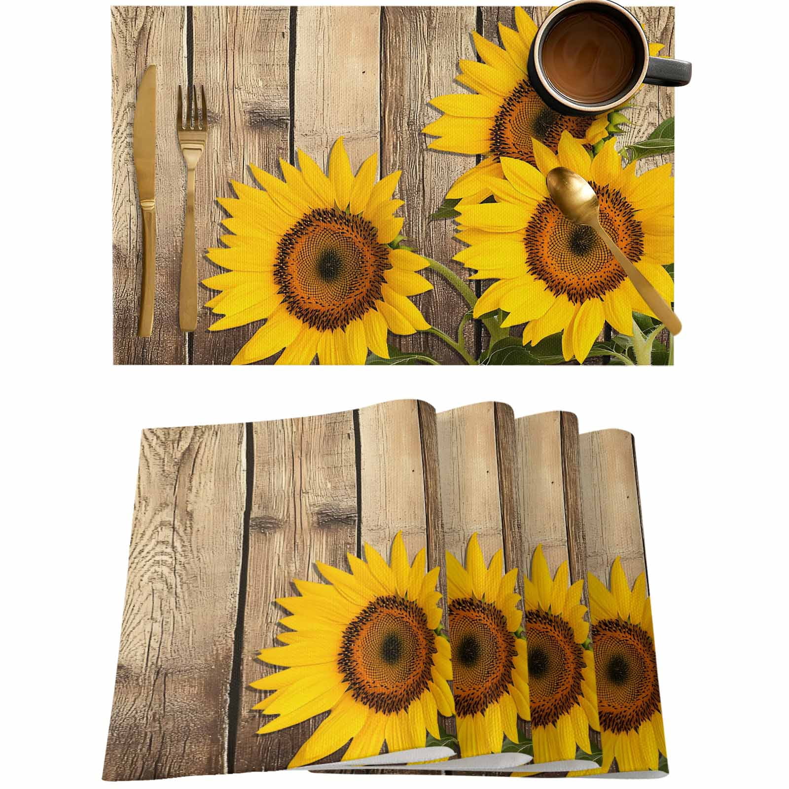 Farm Sunflower Watercolor Plant Placemats Set of 4,Wipeable Washable ...