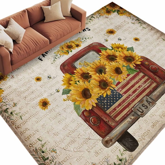 Farm Sunflowers 5'x8' Large Area Rugs Summer Yellow Floral Leaves Red ...