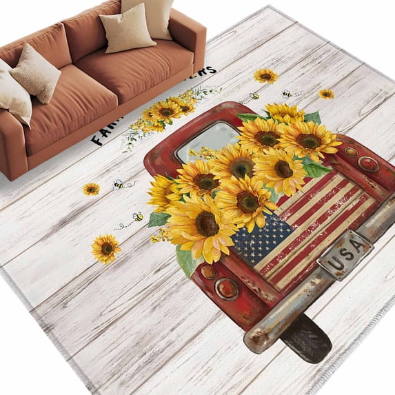 Farm Sunflowers 8'x10' Large Area Rugs Summer Floral USA Red Truck Wood ...