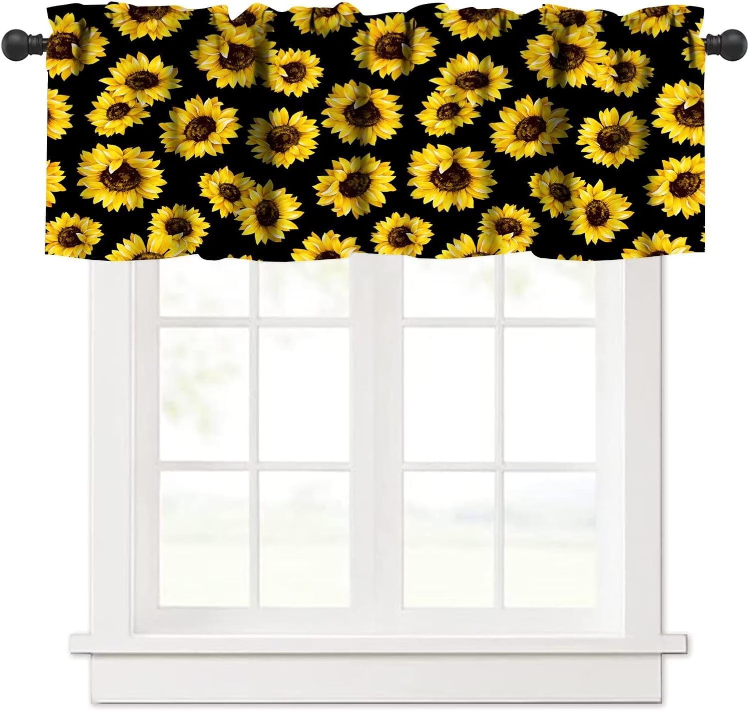 Farm Sunflowers Curtain Valance Yellow Flowers Black Background Modern ...