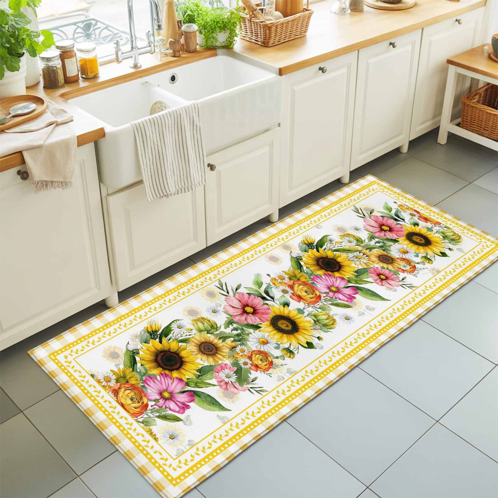 Farm Sunflowers Floral Flower Leaves Rectangle Rug 2'x6' Yellow ...