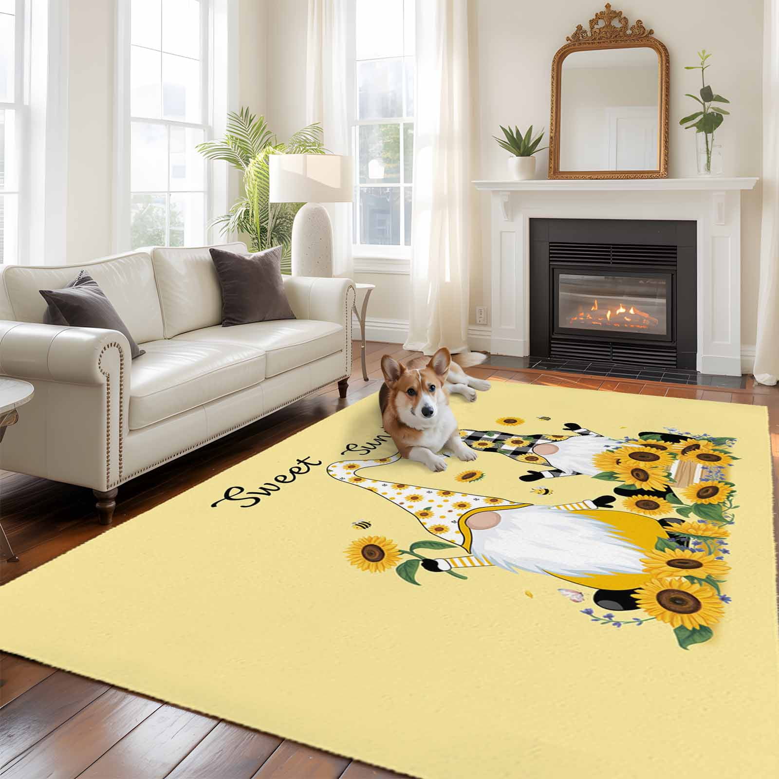 Farm Sunflowers Gnome Large Area Rugs 8x10 ft Sweet Sunshine Yellow ...