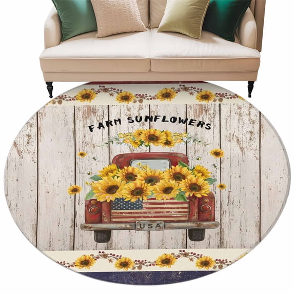 Farm Sunflowers Large Round Rug 7Ft Summer Floral Red Truck Vine Fruit ...