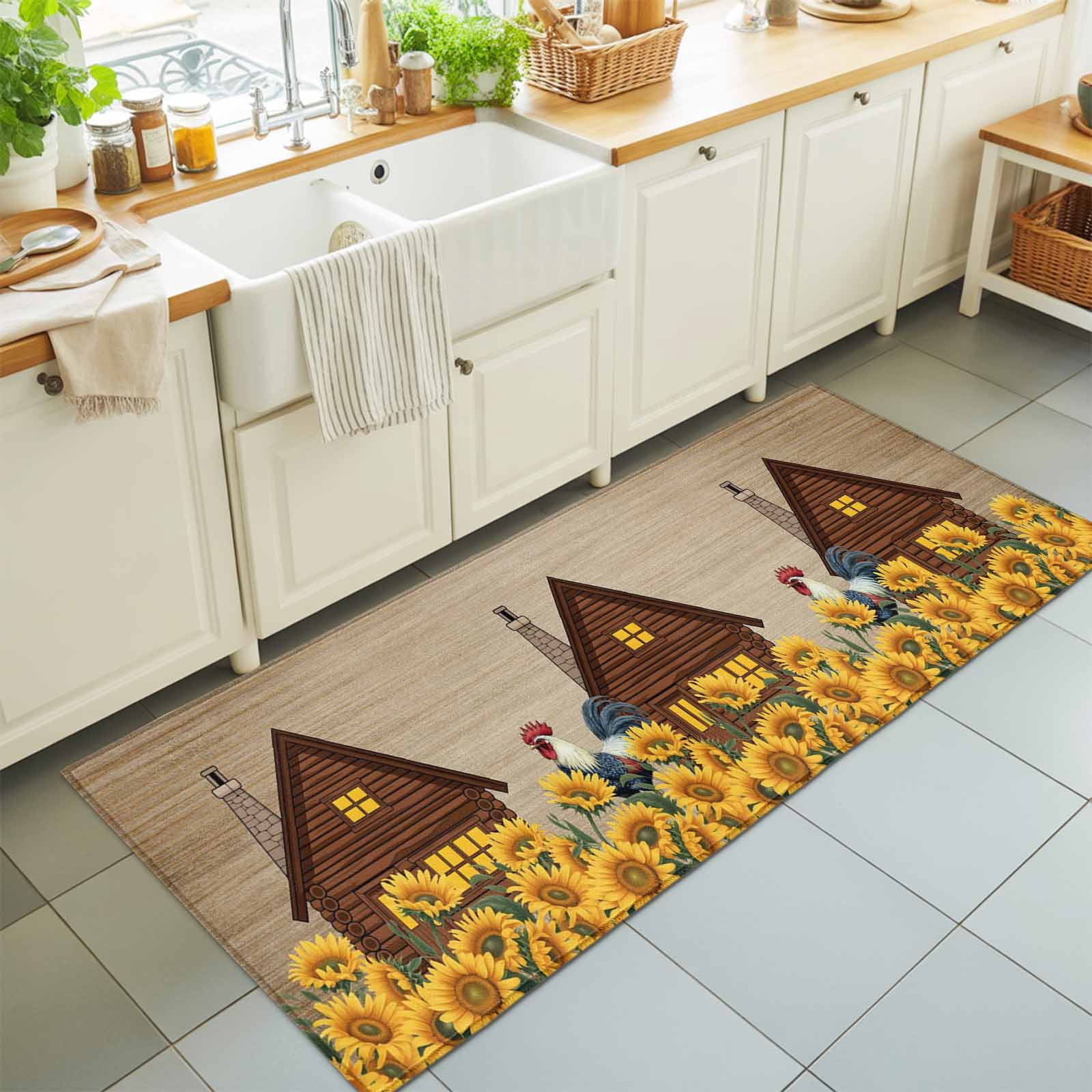 Farm Sunflowers Leaves Chicken Rectangle Rug 2'x6' Vintage Barn House ...