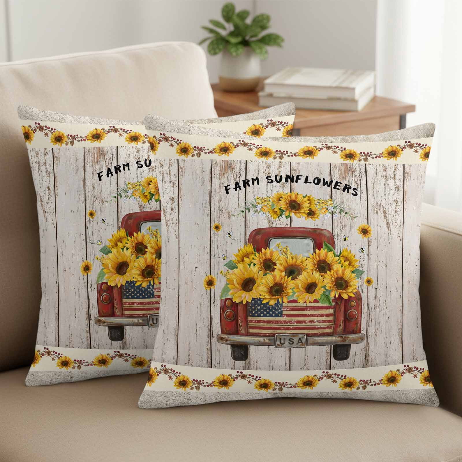 Farm Sunflowers Pillow Covers Set of 2, Summer Floral Truck Leaves ...