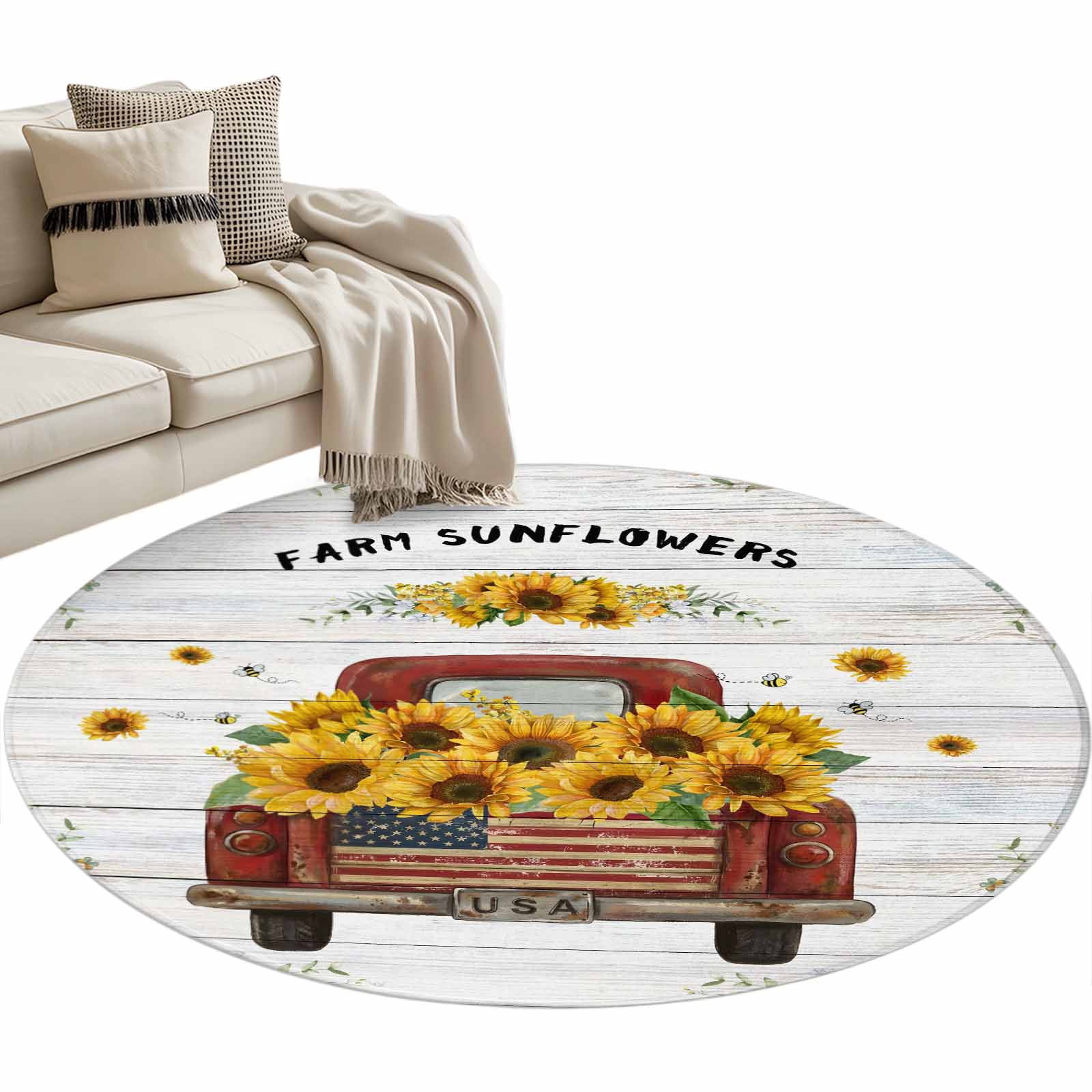 Farm Sunflowers Round Rug 4Ft Summer Yellow Floral Leaves Red Truck ...