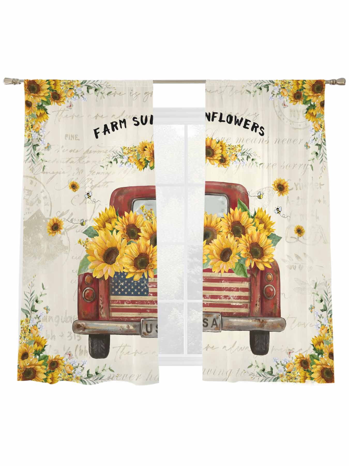 Farm Sunflowers Sheer Curtains 2 Panels Set Summer Yellow Floral Leaves ...