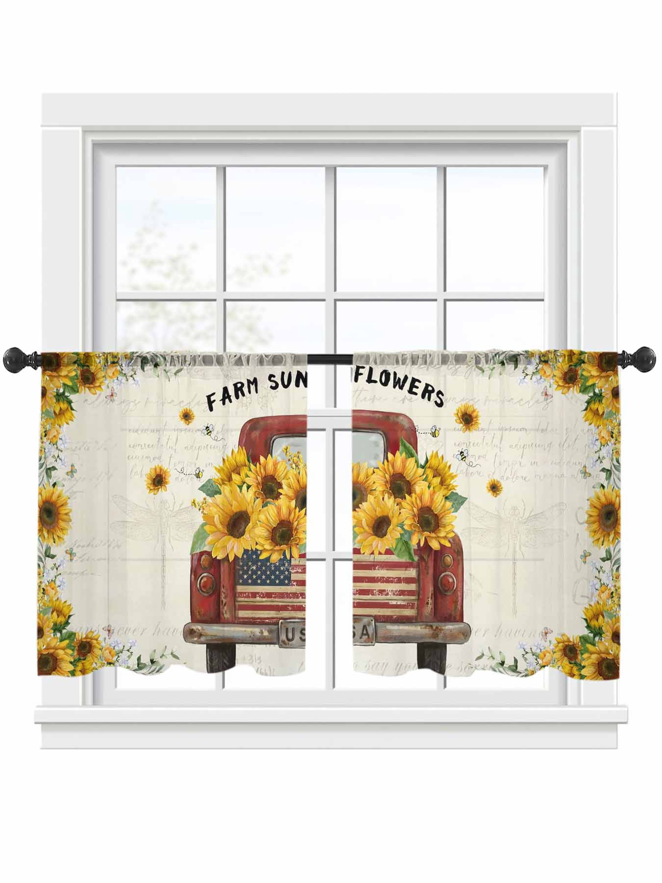 Farm Sunflowers Sheer Curtains 2 Panels Set Summer Yellow Floral Leaves ...