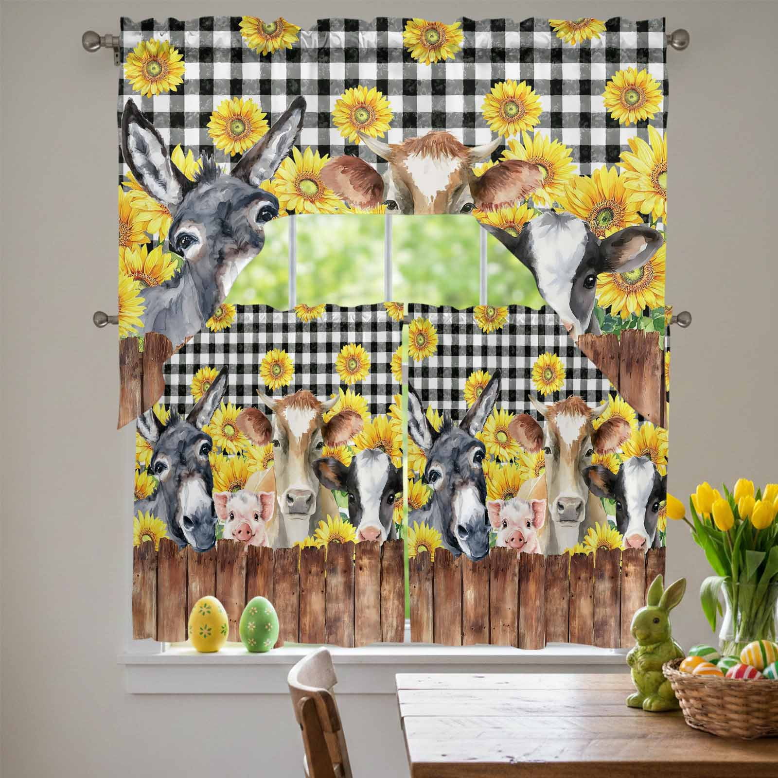 Farm Swag Curtains Valance & Tier Set, Farmhouse Donkey Pig Cow ...