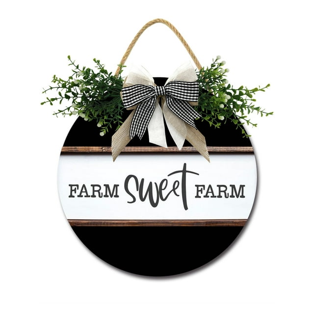 Farm Sweet Farm Sign Front Door Porch Decorations, Round Rustic Wood ...