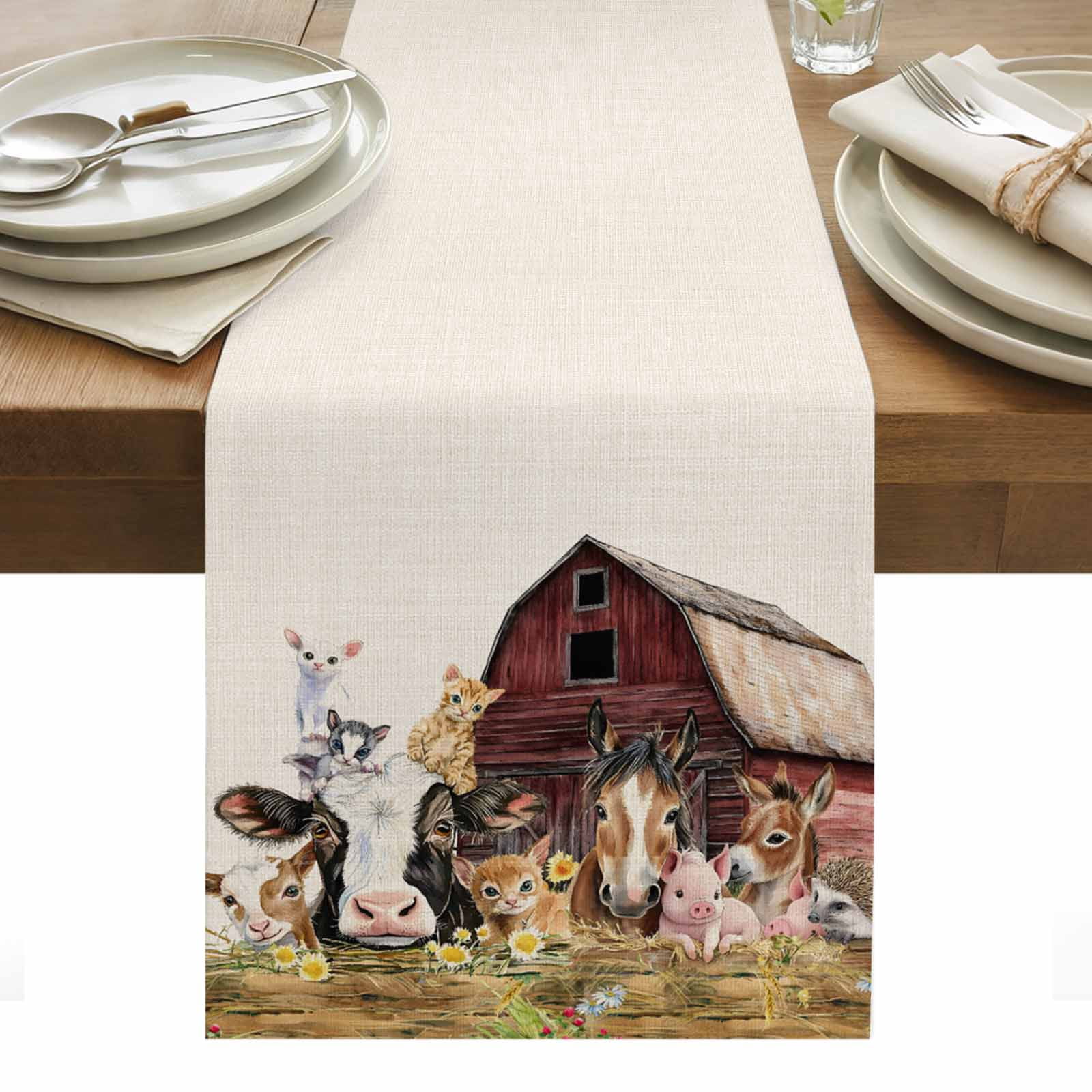 Farm Table Runner 13 x 72 Inch, Barn Horse Sheep Cat Animal Country ...