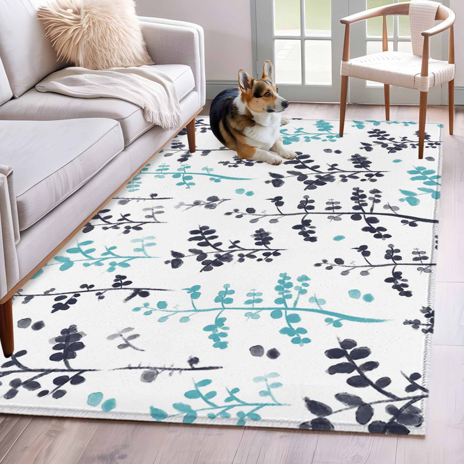 Farm Teal Black Leaves Area Rugs 4x6 ft Country Style Floral Leaf ...