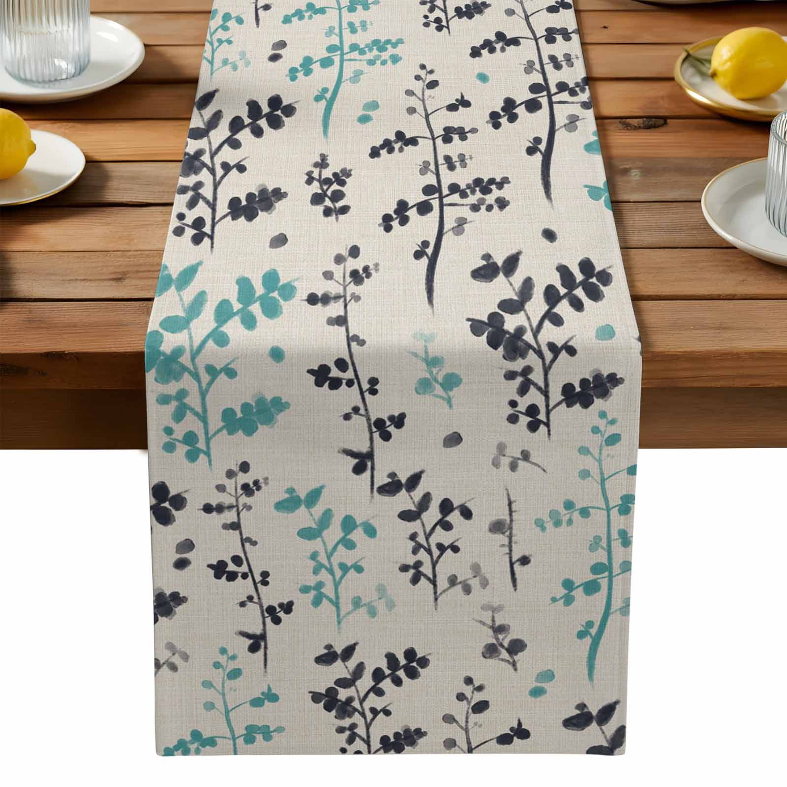 Farm Teal Black Leaves Table Runner, Country Style Floral Leaf Rustic ...