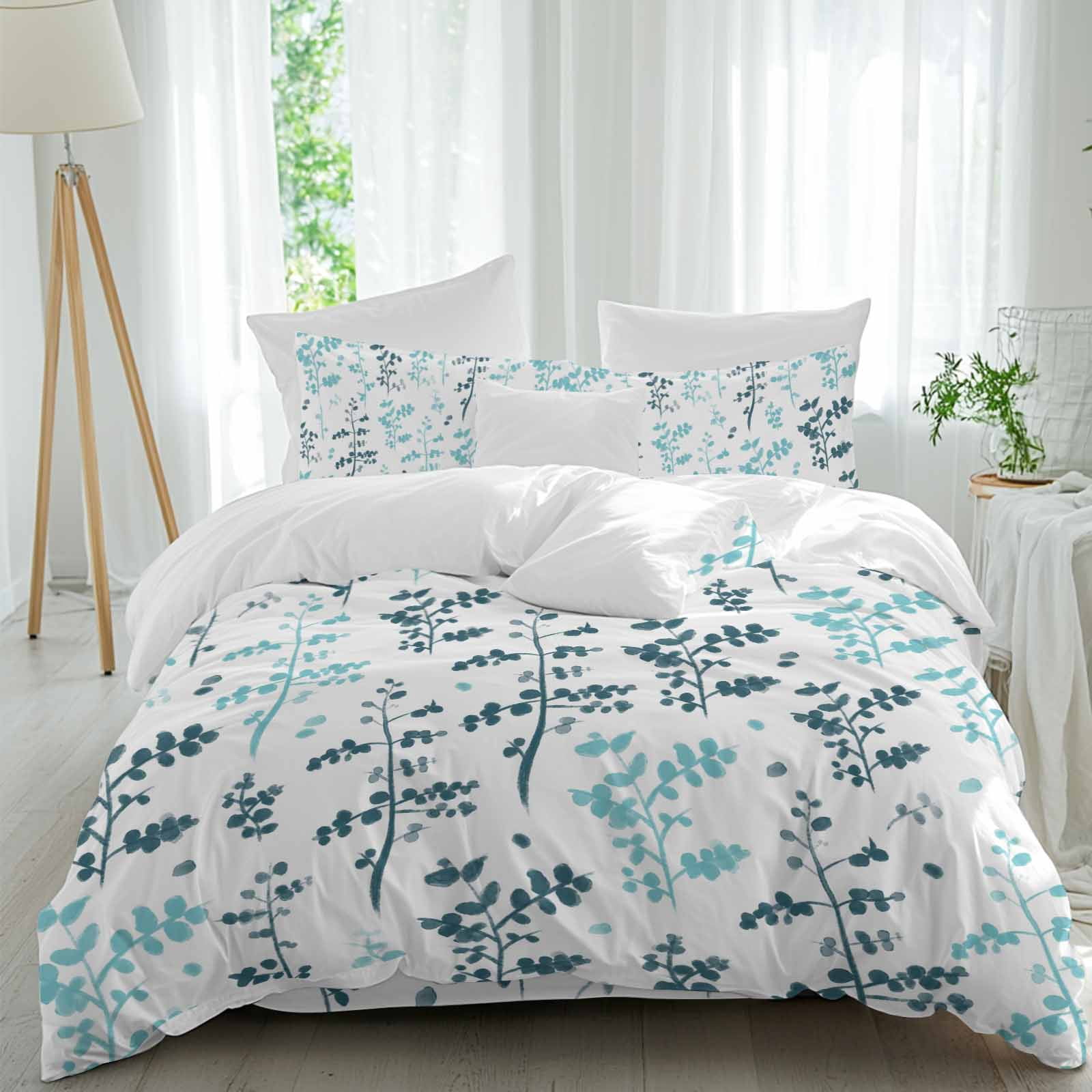 Farm Teal Green Leaves 4 Piece Duvet Cover Set Queen Size Country Style ...