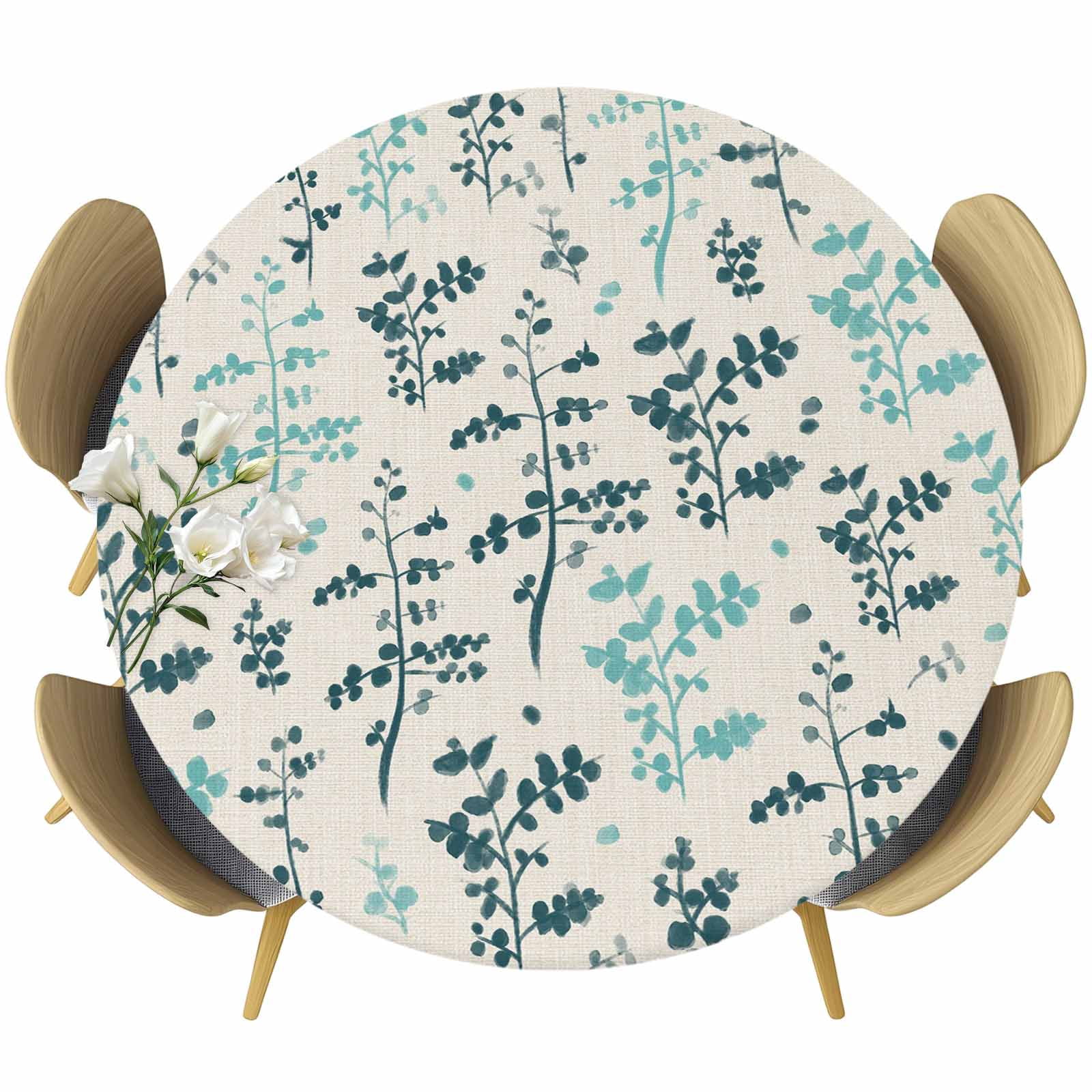 Farm Teal Green Leaves Round Fitted Tablecloth with Elastic Edge ...