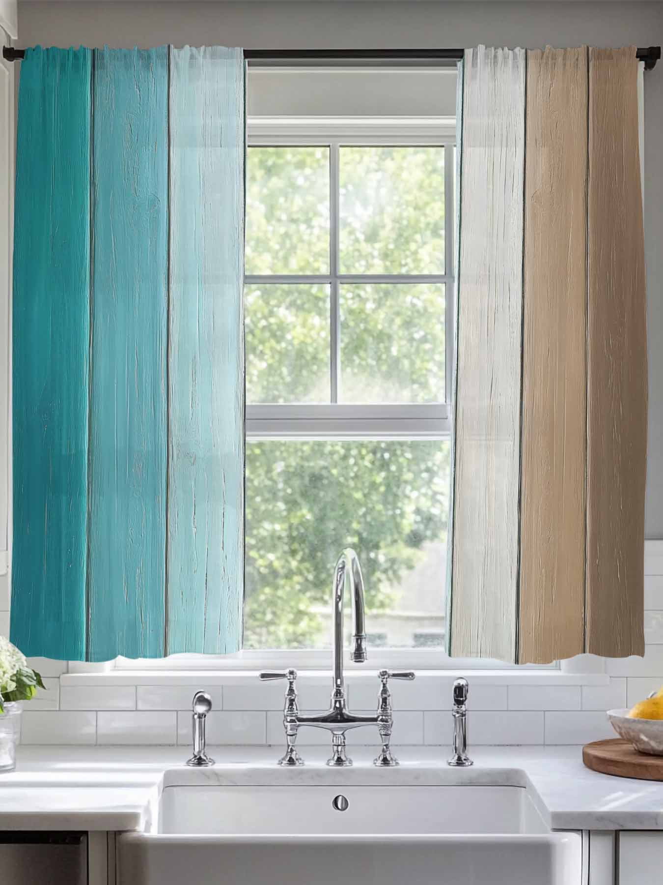 Farm Teal Vintage Wood Board Chiffon Sheer Curtains 72 Inches Long ...
