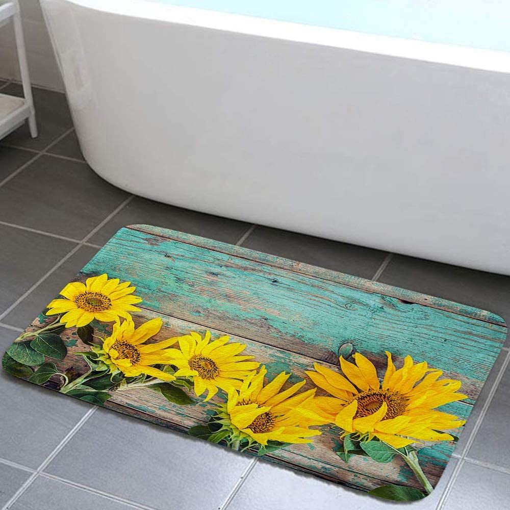 Farm Teal Wooden with Sunflower Bath Rugs, Farmhouse Plant Nature ...