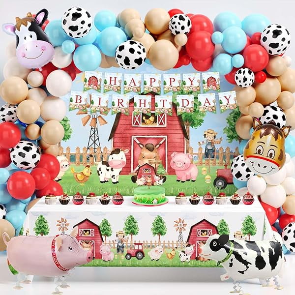 Farm Theme Birthday Party Decorations,131Pcs 16Ft Farm Animals Blue Red Apricot with Balloon ...