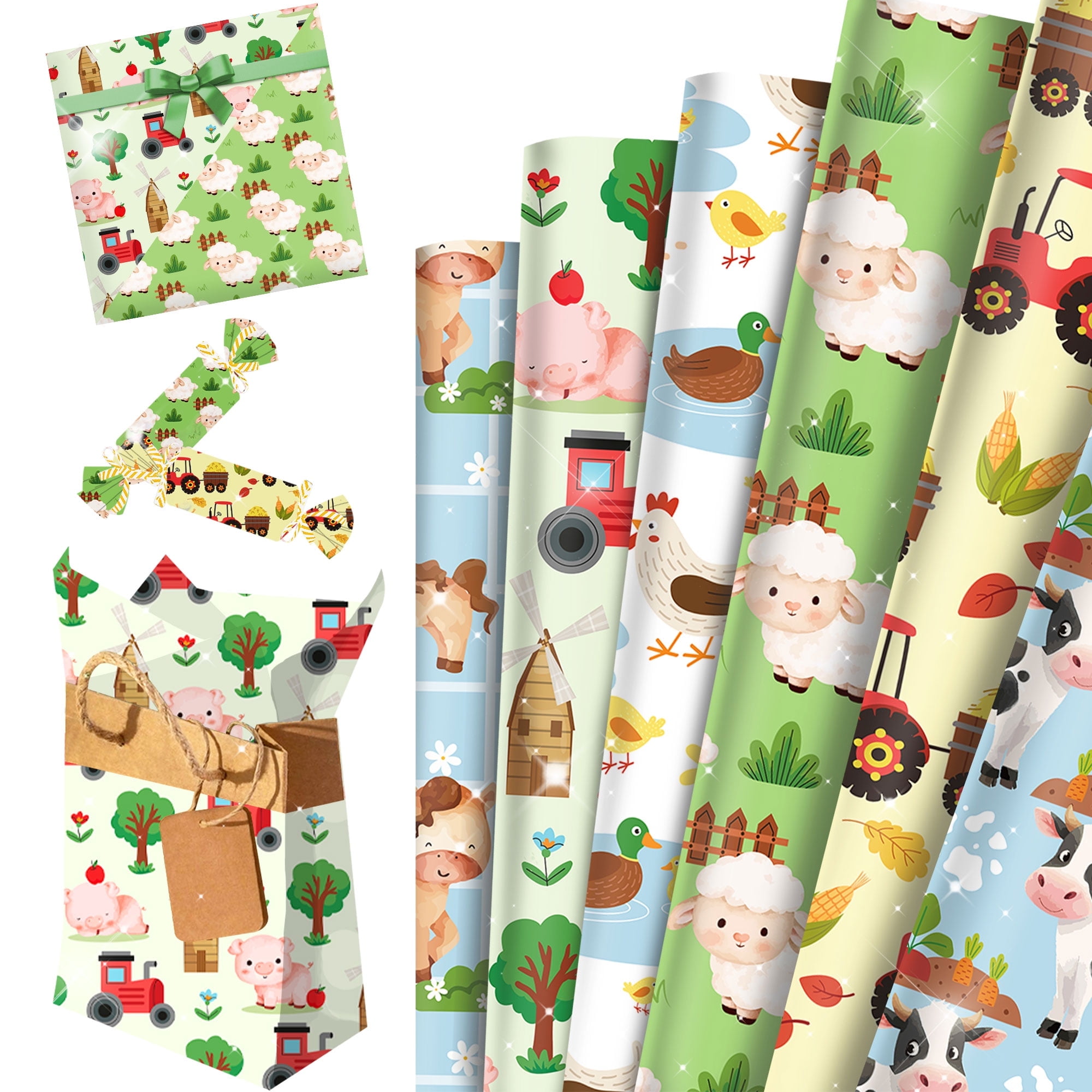 Farm Theme Party Wrapping Paper Set - Animal & Tractor Multi-Purpose ...