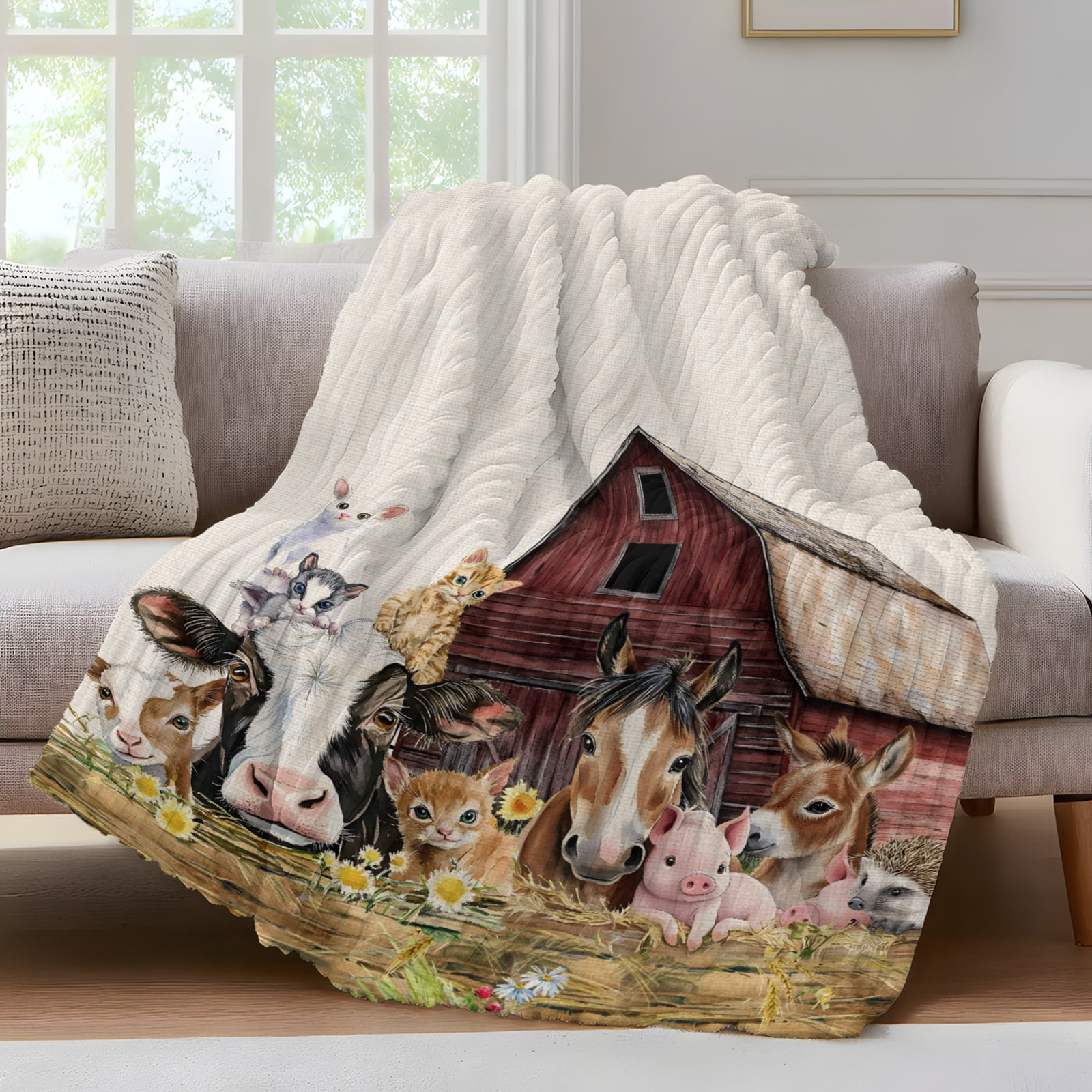 Farm Throw Blanket for Couch Barn Horse Sheep Cat Animal Country Retro ...