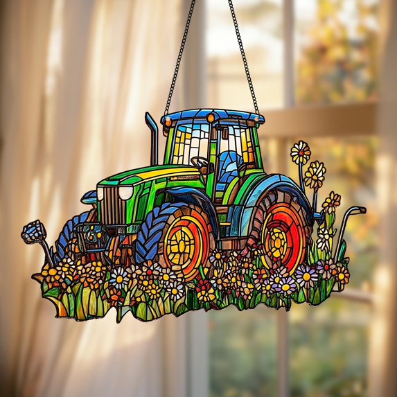Farm Tractor Acrylic Window Hanging, Faux Stained Glass Tractor ...