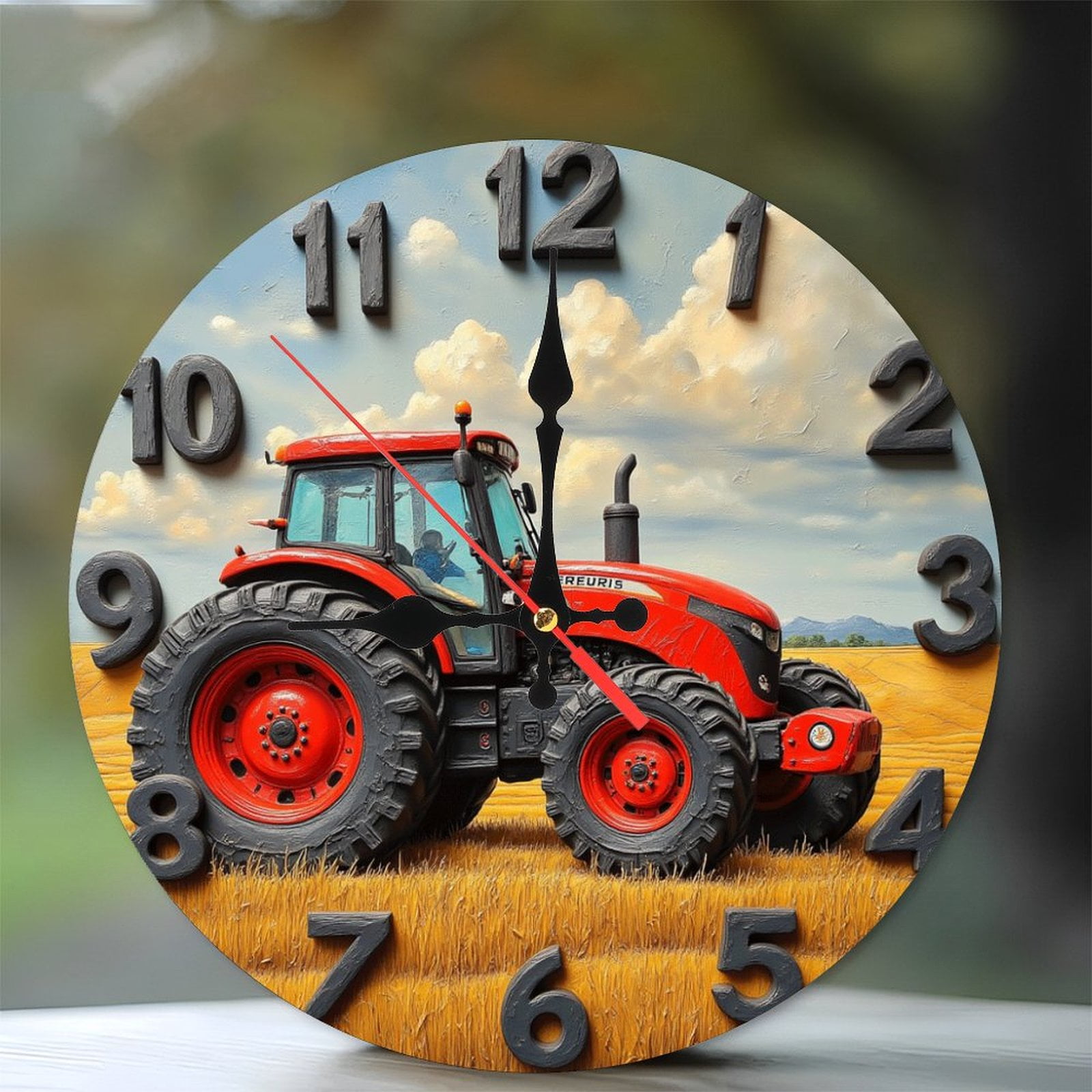 Farm Tractor Clock Wall Decor， Red Tractor Field Scene 10-Inch Silent ...