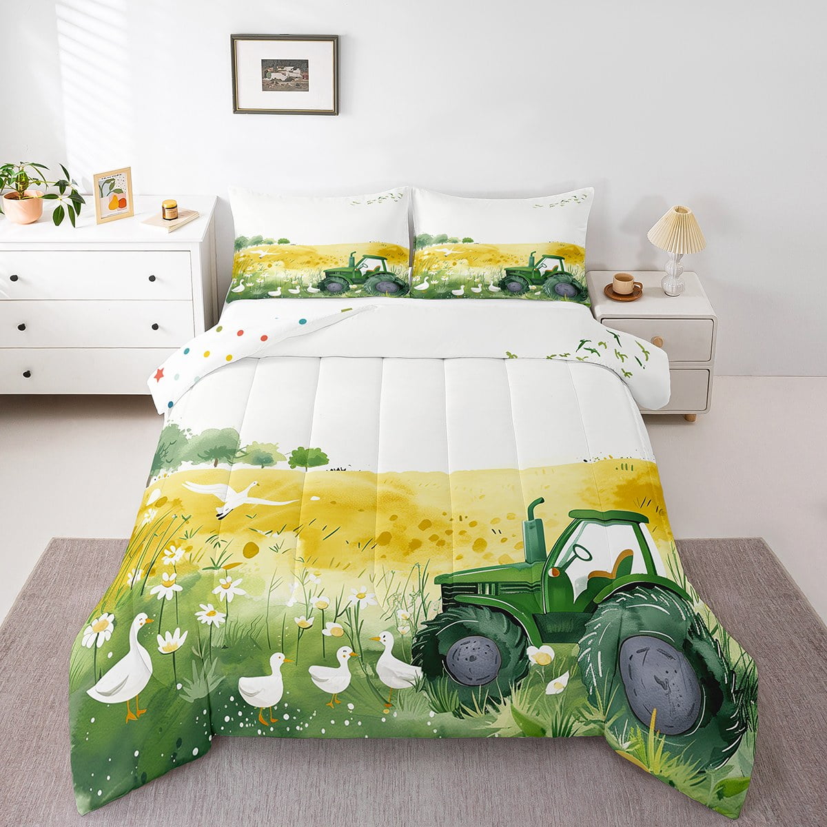 Farm Tractor Comforter Set Twin Size,Cute Duck Daisy Flowers Rustic ...
