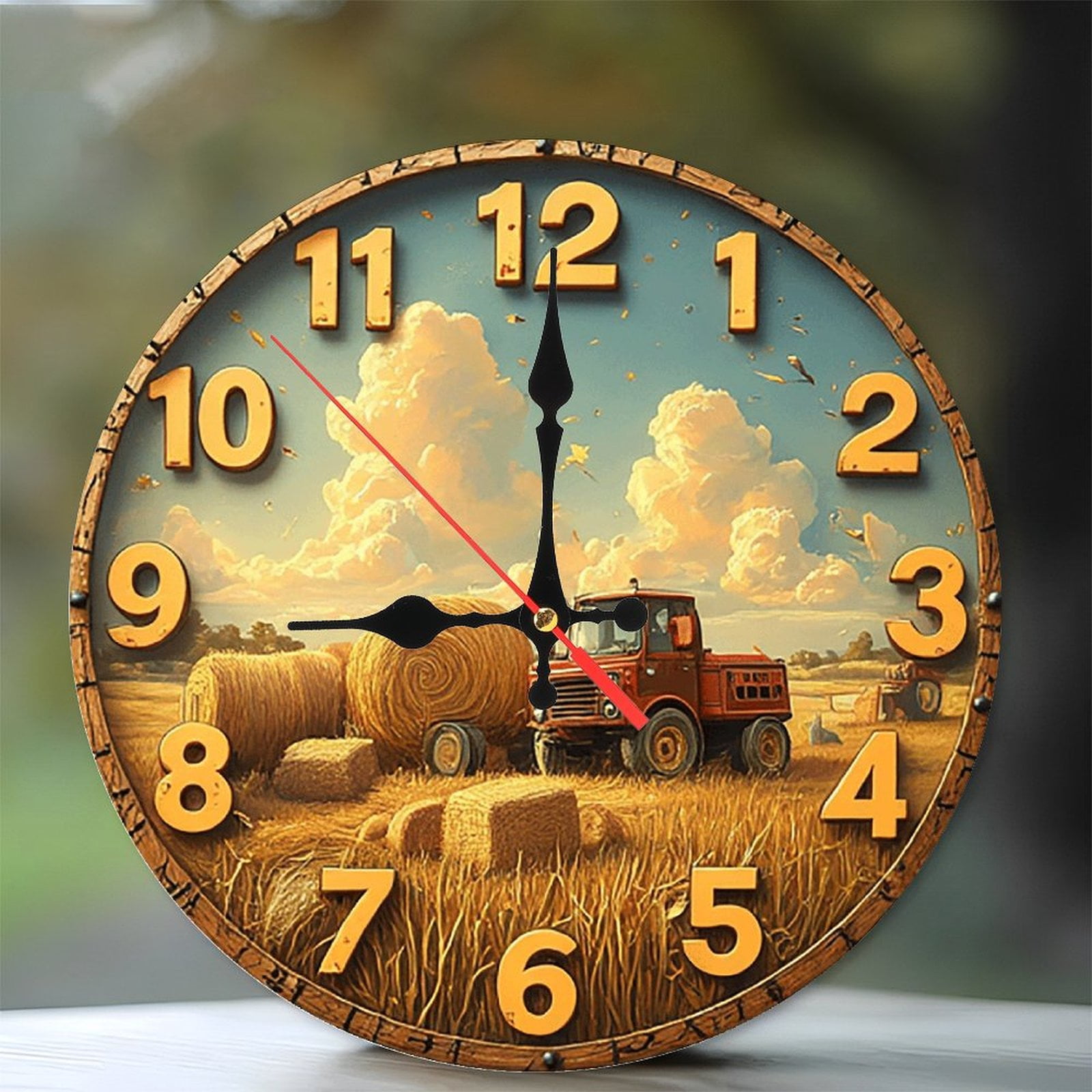 Farm Tractor Hay Bale Rustic Wall Clock 10-Inch Silent Wooden Wall ...