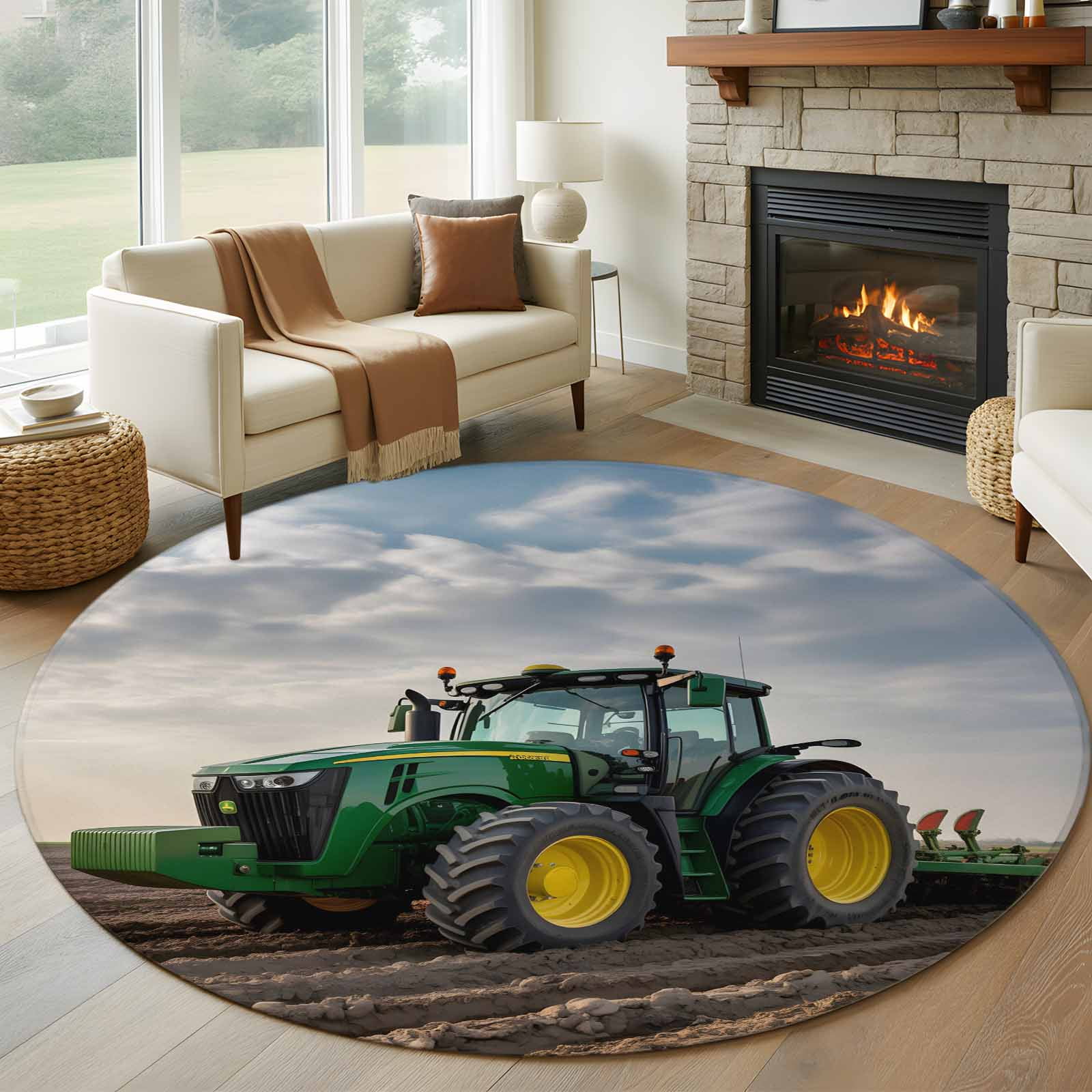 Farm Tractor Round Area Rug 6 FT, Non Slip Bedroom Area Rug, Green ...