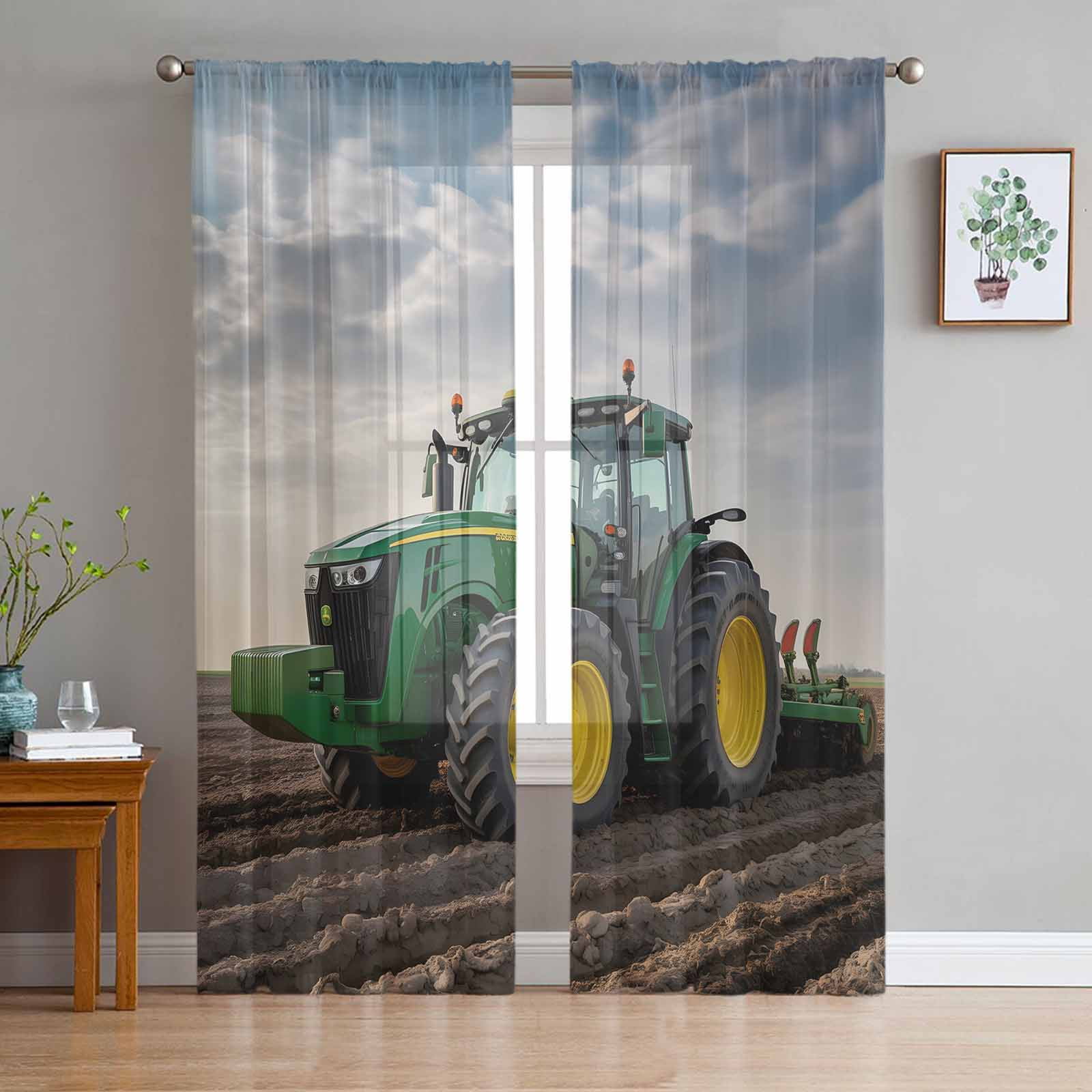 Farm Tractor Sheer Curtains 84 Inches Long 2 Panels Set, Window Sheer ...