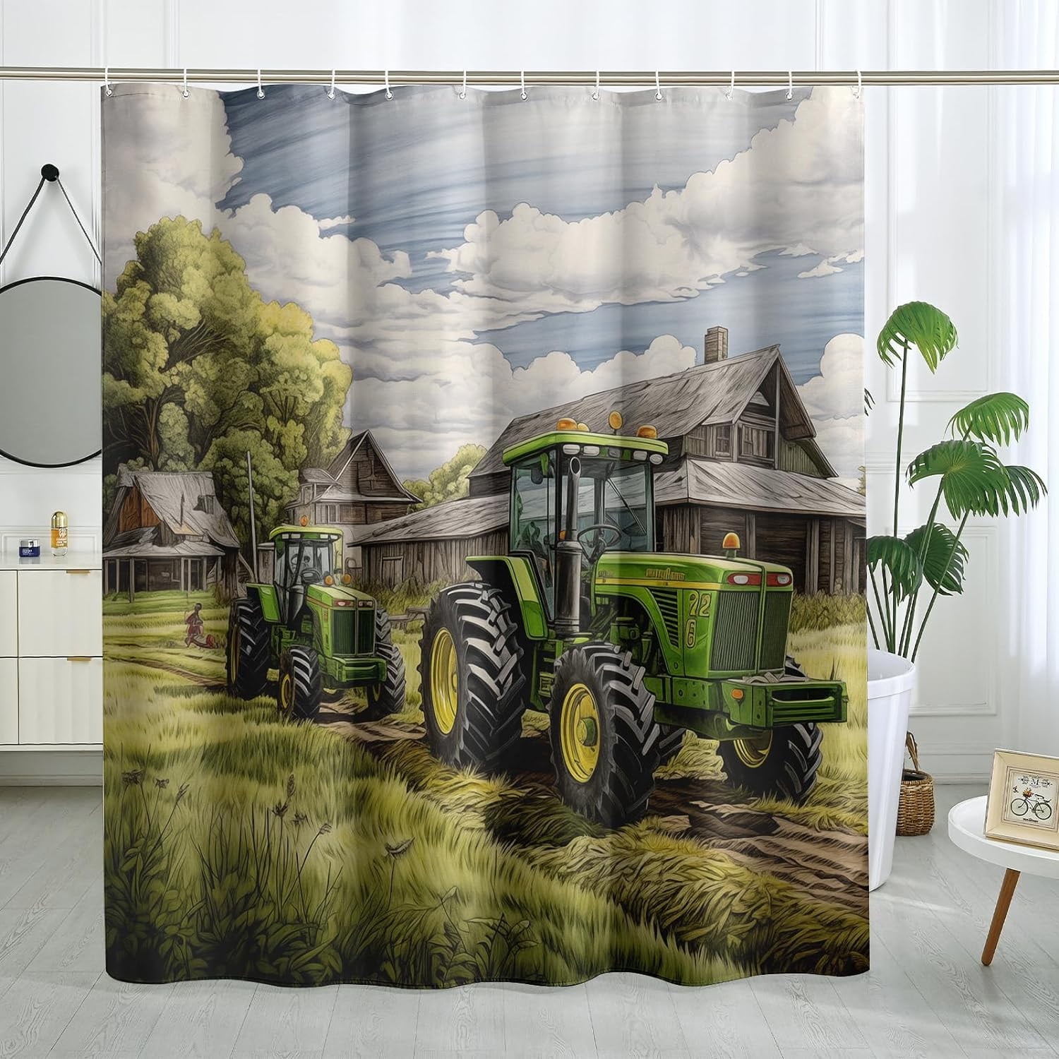Farm Tractor Shower Curtain Set, Watercolor Country Tractor Shower ...