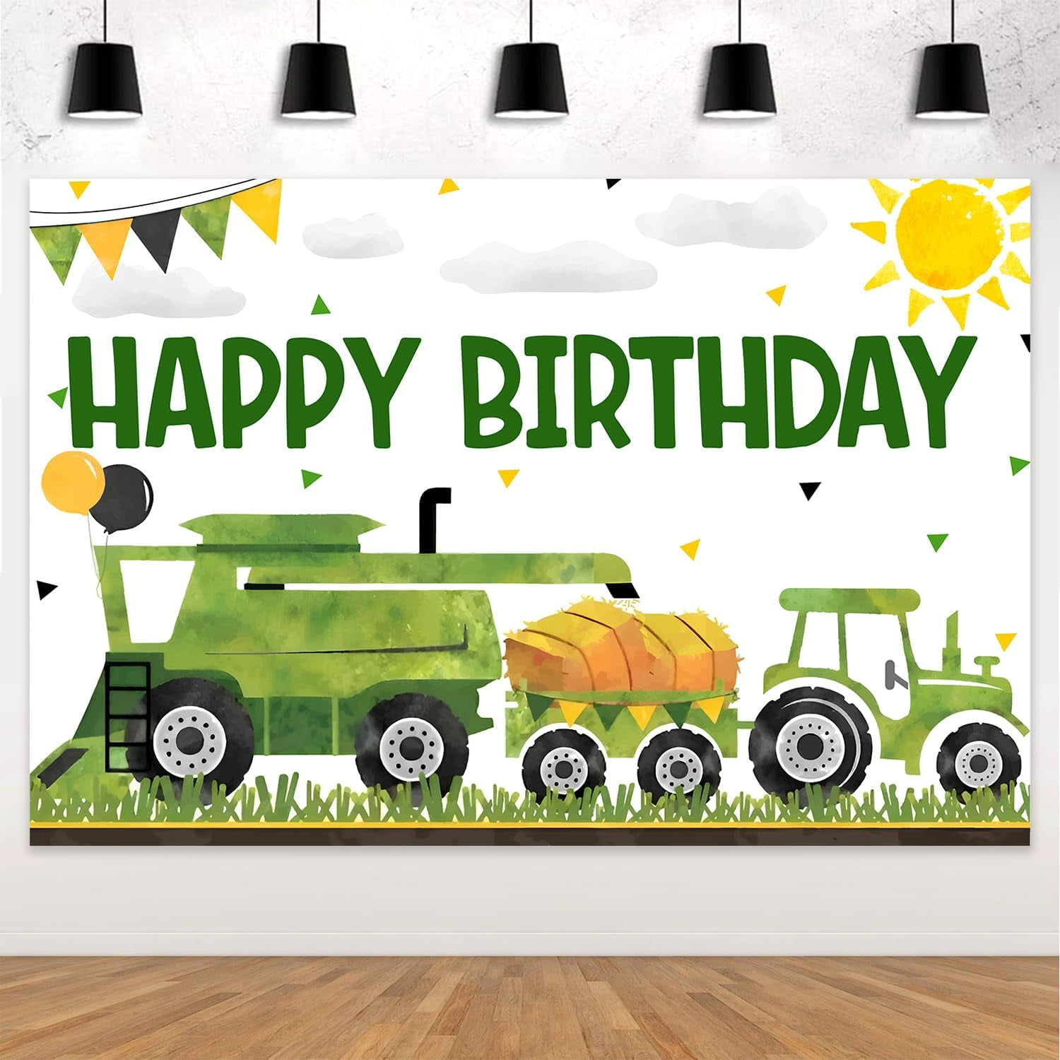 Farm Tractor Theme Happy Birthday Backdrop Banner Green Tractor ...