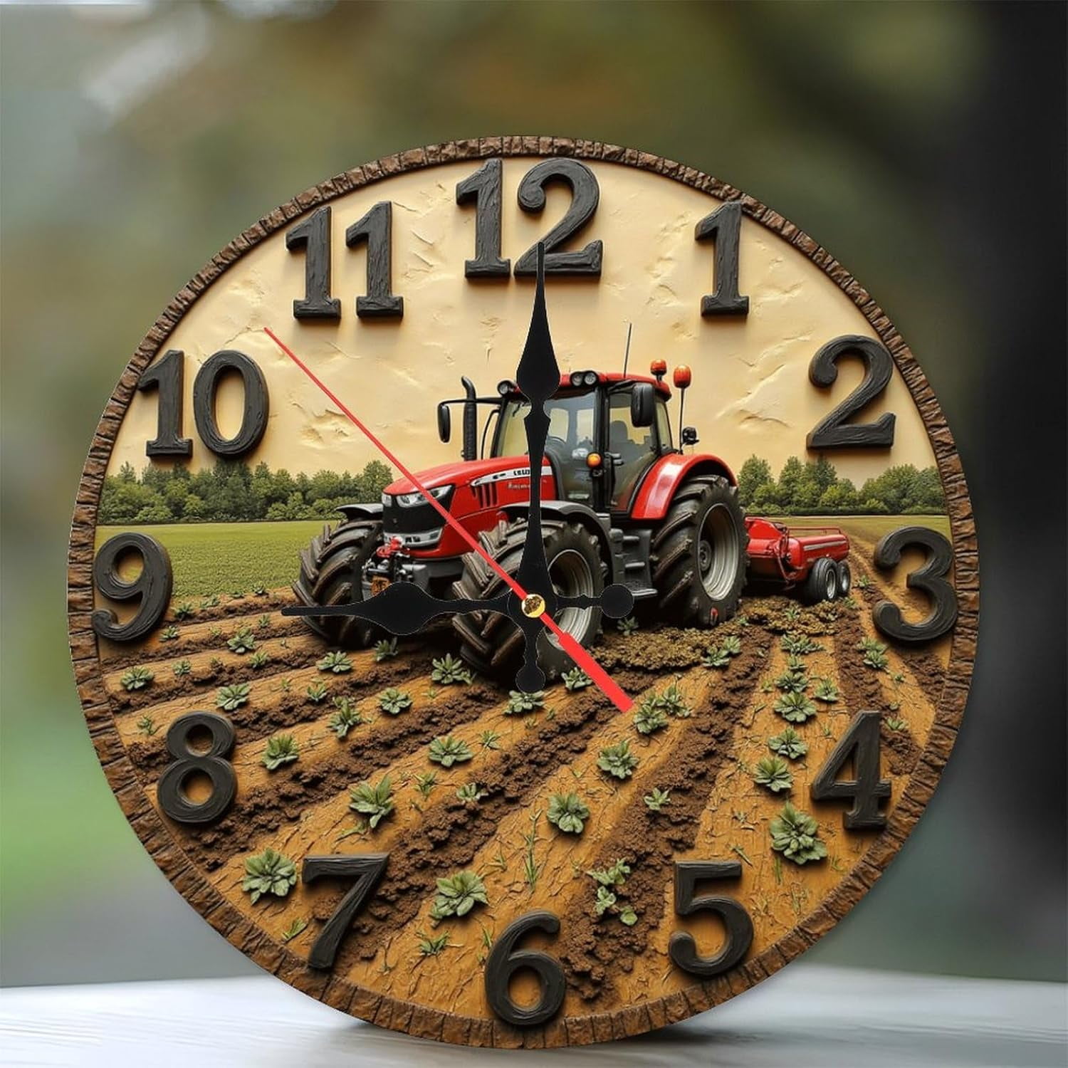 Farm Tractor Wall Clock， Red Tractor Field Decor 10-Inch Wooden Wall ...