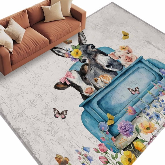 Farm Truck Animal 8'x10' Large Area Rugs Donkeys Cows Pigs Wildflowers ...