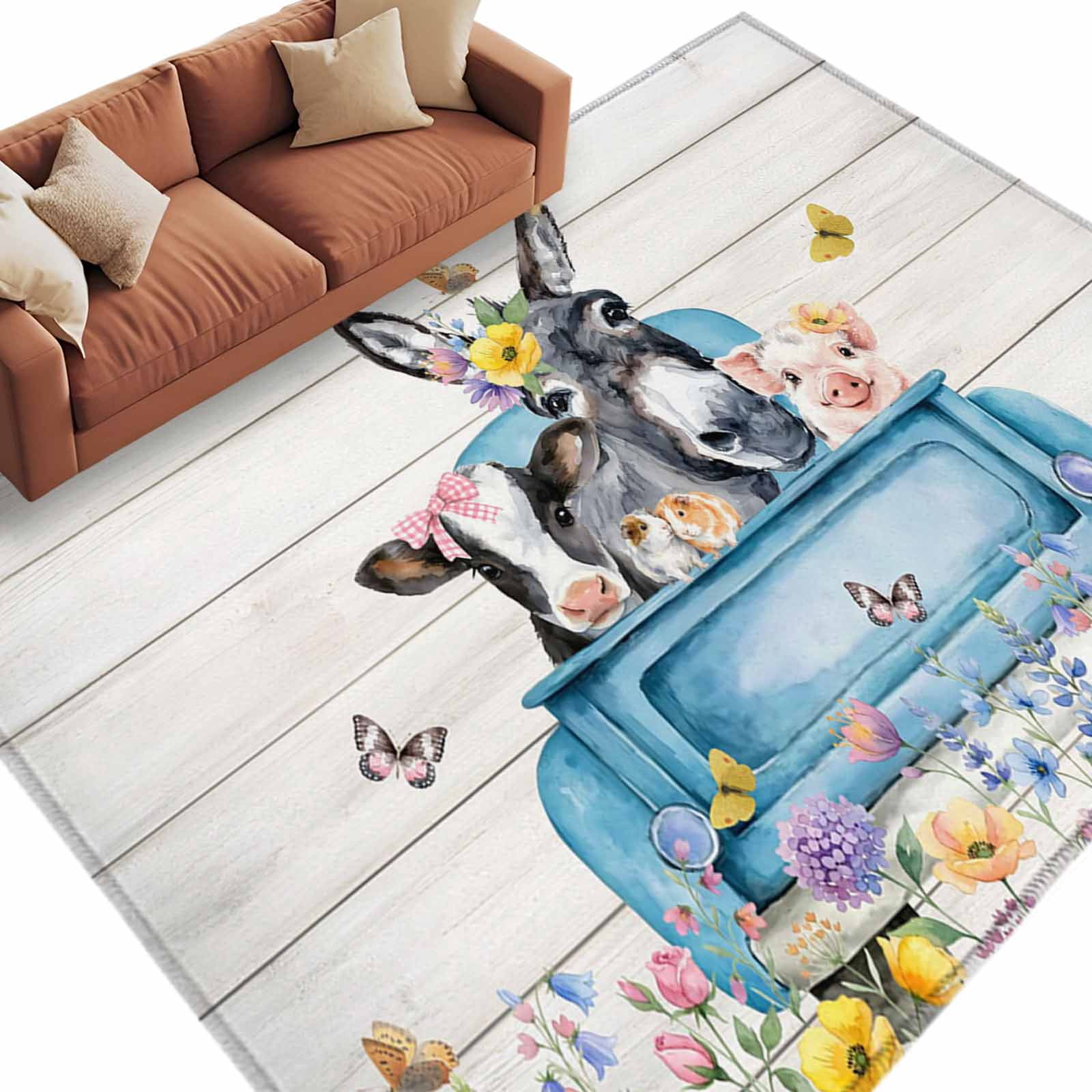 Farm Truck Animal 8'x10' Large Area Rugs Donkeys Cows Pigs Wildflowers ...