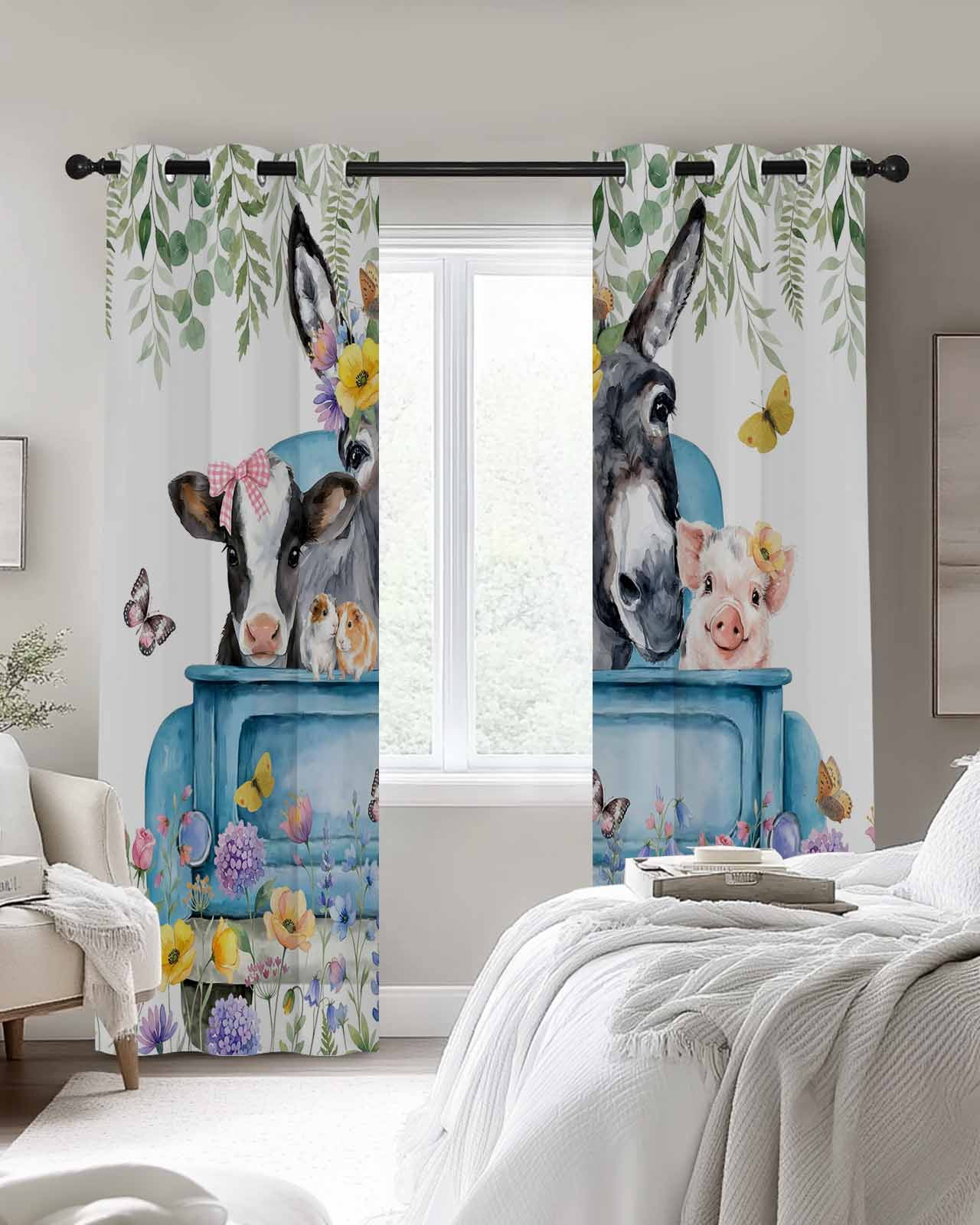 Farm Truck Animal Blackout Curtains 2 Panels Donkeys Cows Pigs Flowers ...
