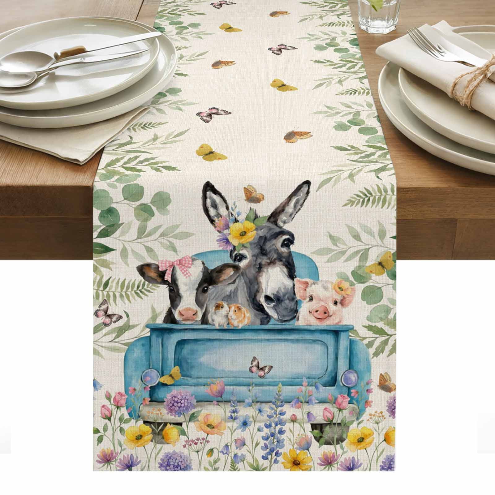 Farm Truck Animal Cotton Linen Table Runner Donkeys Cows Pigs Flowers ...