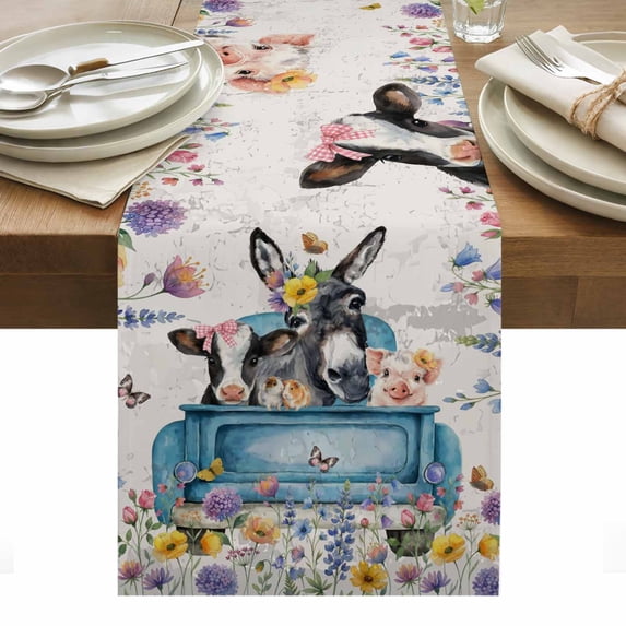 Farm Truck Animal Cotton Linen Table Runner Donkeys Cows Pigs ...