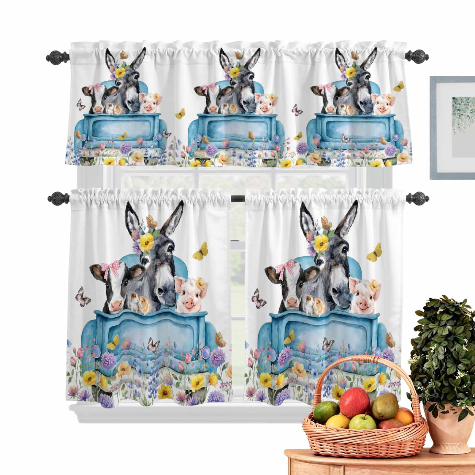 Farm Truck Animal Kitchen Curtains Valances 3 Piece Set, Donkeys Cows ...