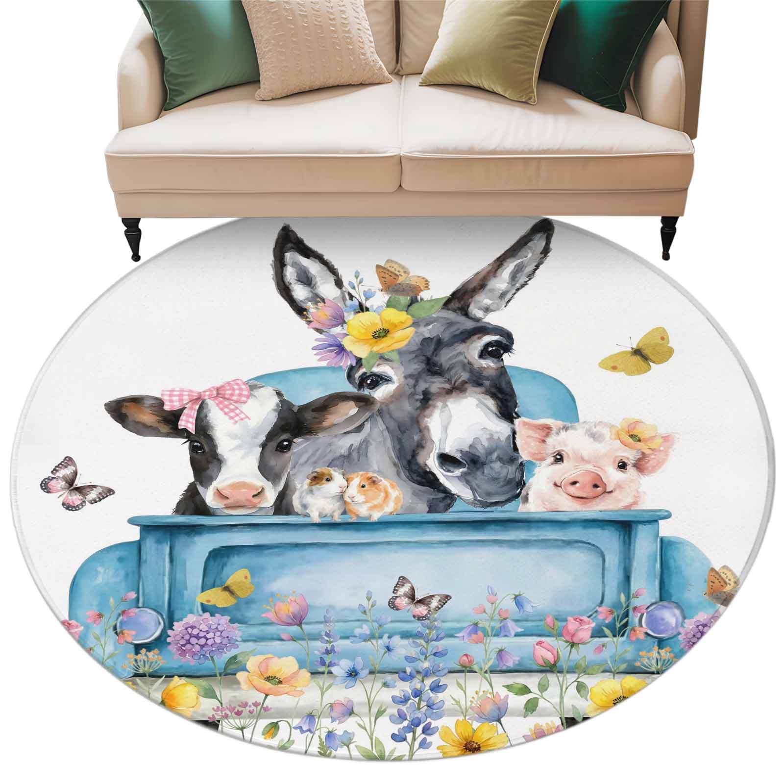 Farm Truck Animal Large Round Rug 7Ft Donkeys Cows Pigs Wildflowers ...