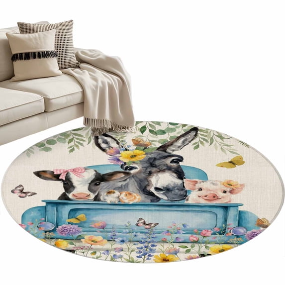 Farm Truck Animal Round Rug 4Ft Donkeys Cows Pigs Flowers Leaves Retro ...