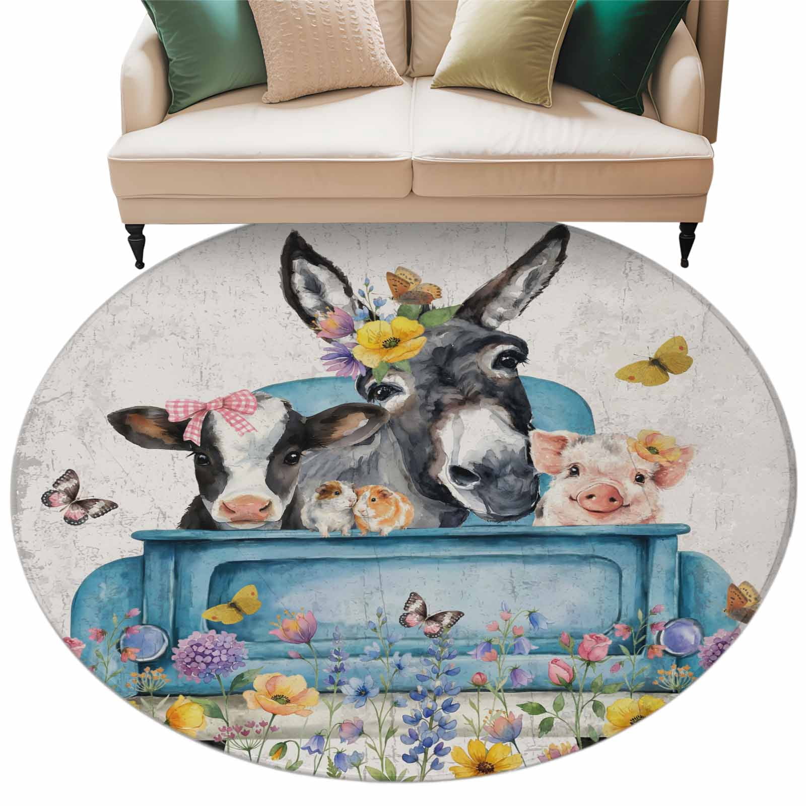 Farm Truck Animal Round Rug 5Ft Donkeys Cows Pigs Wildflowers Grey ...